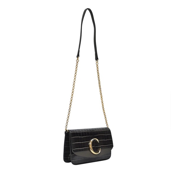 Chloe | Bags | Chloe C Croc Embossed Leather Shoulder Bag Navy Blue ...